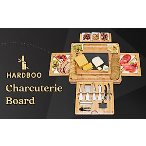 Bamboo Charcuterie Board Set of 26 Pcs - 16×13×2 Inches 4 Drawer Bamboo Board Set with Fruit Tray, Ceramic Dipping Bowls, Cutting Tools, Wine Opener, Cheese Platter Accessories (End-Grain)
