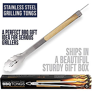 Shark BBQ Grill Tongs, Heavy Duty Barbecue Tong w Acacia Wood Grips, 18 Inch Long, Extra Sturdy Stainless Steel Meat Turner, Everyday Grilling Tools and Accessories for Top Grillers and Pitmasters