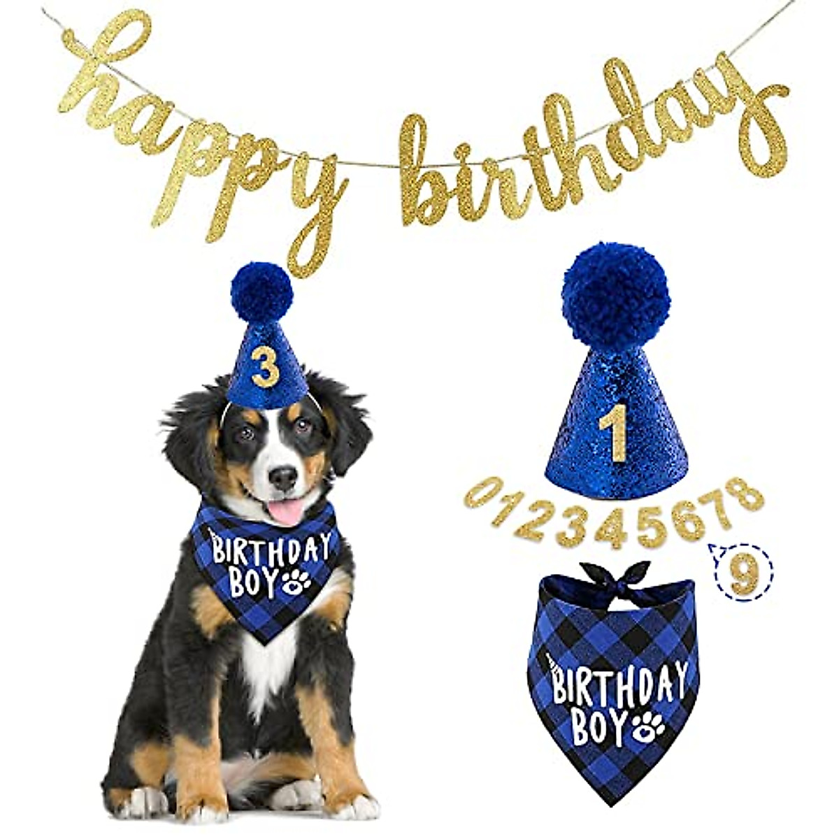 ENJOYING Pet Dog Bandana Doggy Birthday Party Supplies Plaid Dog Bandanas Scarf Pet Birthday Hat with Number for Small Medilum Dogs and Cats, Blue