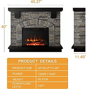 45 Inch Electric Fireplace with Mantel, Tall Fire Place Heater Freestanding with Remote Control Timer LED Flame for Living Room Bedroom, Gray