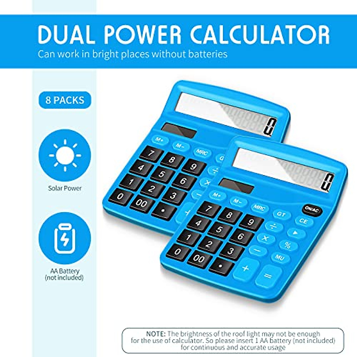 Konohan 8 Pieces 12-Digit Calculator, Solar Basic Desktop Calculator Large Display Electronic Calculators Dual Power Handheld Calculator for Home Office School (Dark Blue)