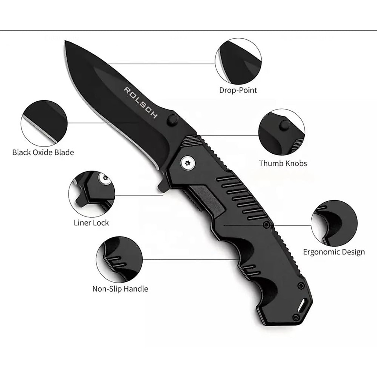 ROLSCH - Black Tactical Knife - Spring Assisted Folding Knife – Black Stainless Steel Blade and Black Aluminum Handle with Pocket Clip - Great Folding Knife for Hunting, Camping, Survival, Tactical, EDC