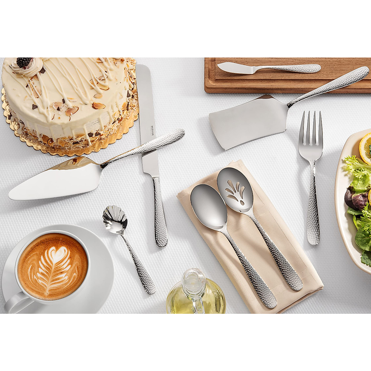 Hudson Essentials 9-Piece Bergamo Hammered 18/10 Stainless Steel Hostess Serving Utensil Set - Flatware Silverware with Wedding Cake Knife & Cake Server - Perfect for Weddings, Engagements and Parties