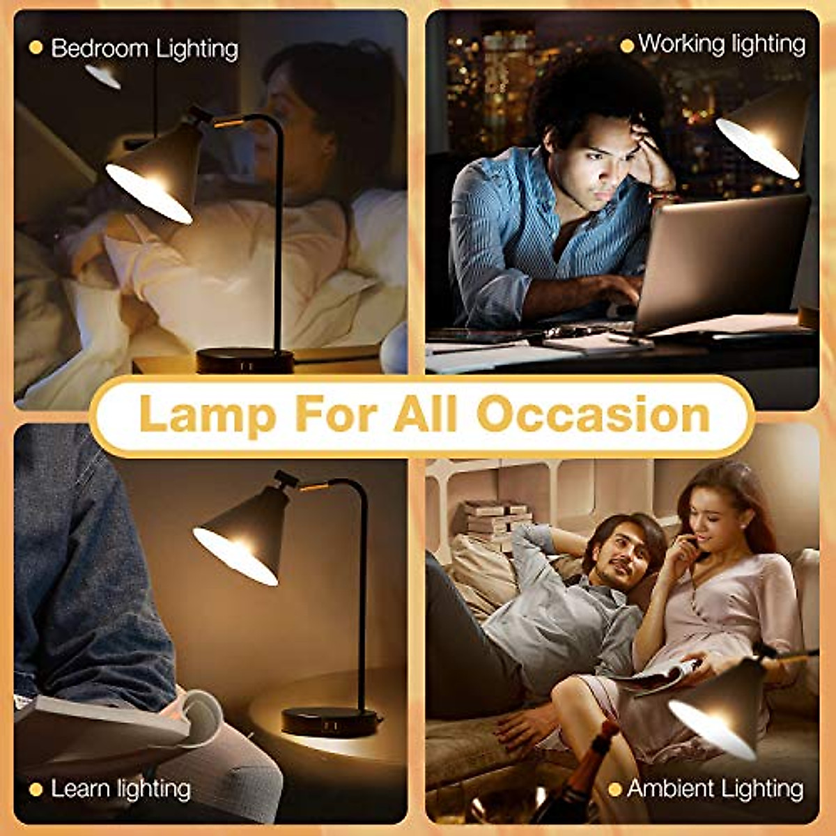 Industrial Black Bedroom Table Lamp, Dimmable Touch Control Bedside Lamp with 2 USB Charging Ports and AC Outlet, Nightstand Reading Lamp with Metal Flexible Head for Living Room Office, Bulb Included