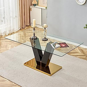 Modern Glass Dining Table for 8, Rectangle Glass Dining Room Table with Large Tempered Glass Tabletop & V Shaped Wood Frame, Golden Pedestal Base, 70.87" Glass Top Dining Table for Dining Room Kitchen