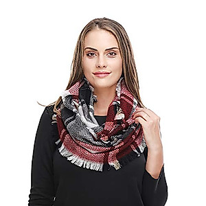Lucky Leaf Women Winter Checked Pattern Cashmere Feel Warm Plaid Infinity Scarf (L8-Black Burgundy)