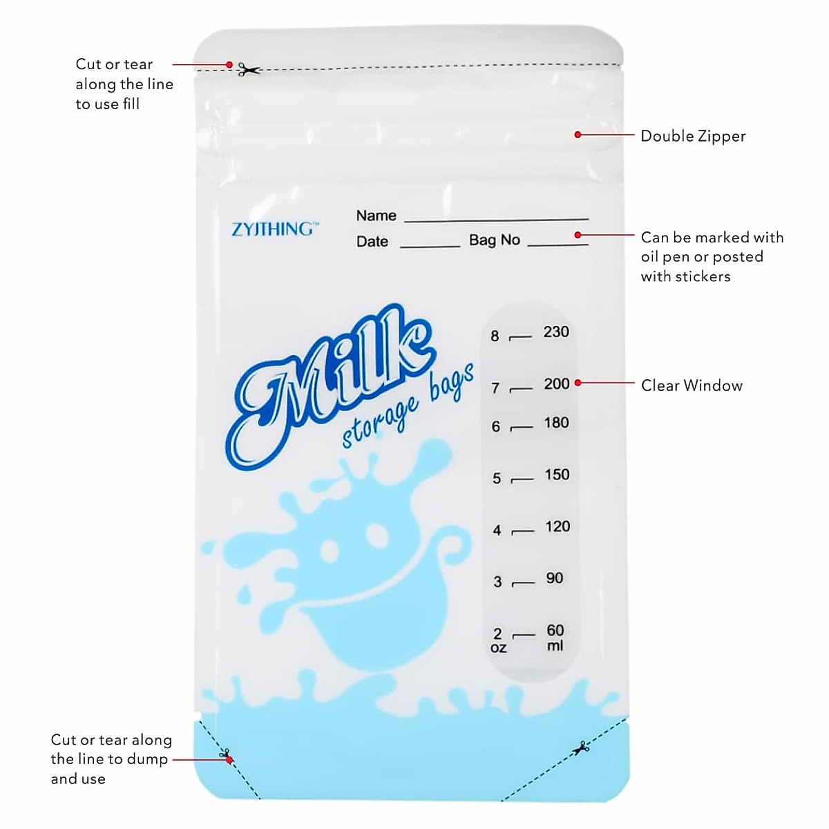 Breast milk storage bags, 100count/1Pack,7-8 ounces, liquid food bag, Breast milk storage bags freezer;breast feeding，Double-layer self-sealing, flat, upright after filling.