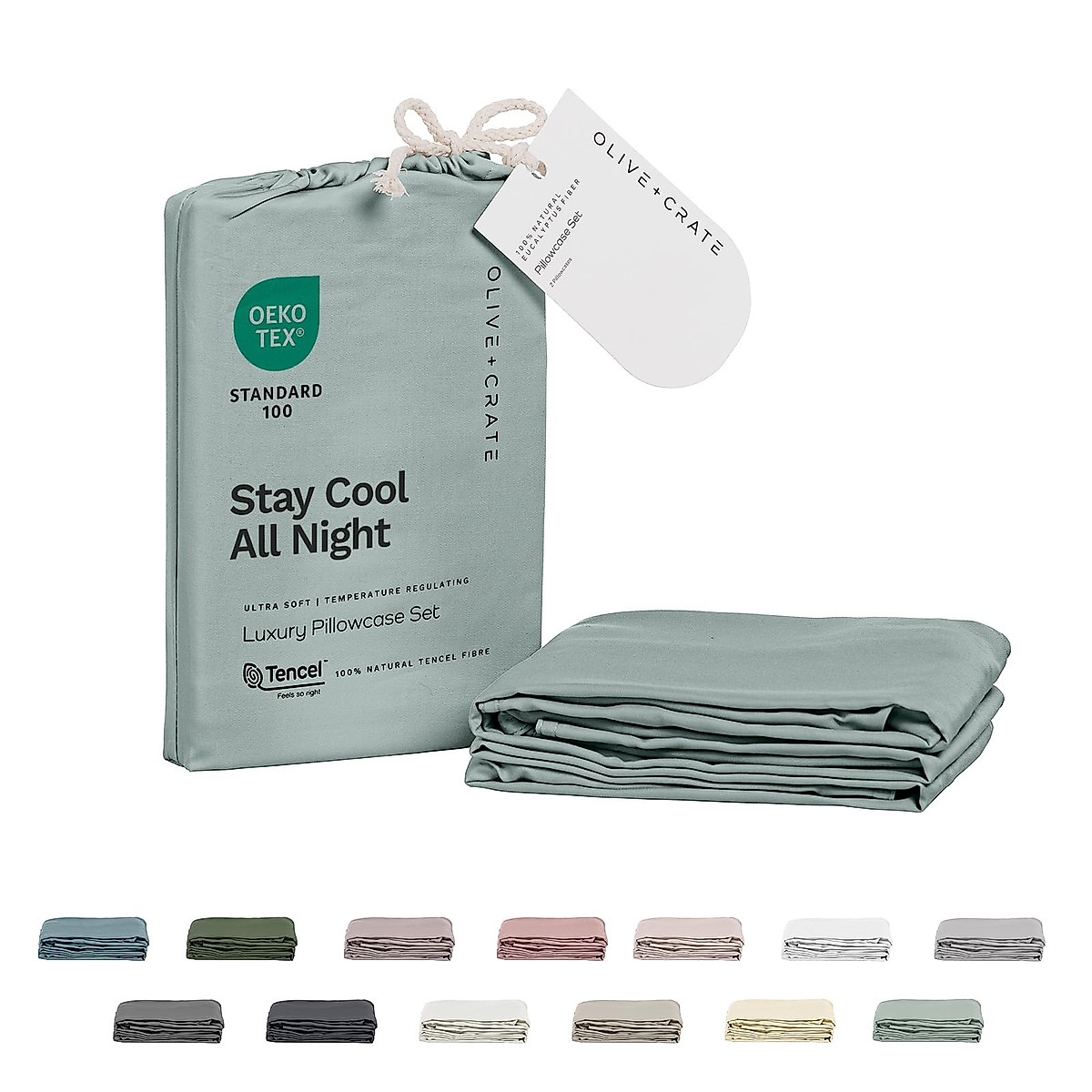 Olive + Crate Tencel Eucalyptus Pillowcases - 100% Tencel Lyocell Cooling Pillow Cases for Hot Sleepers - Hypoallergenic, Moisture-Wicking, Silk Alternative, Vegan - King Size Set of 2 [Eucalyptus]