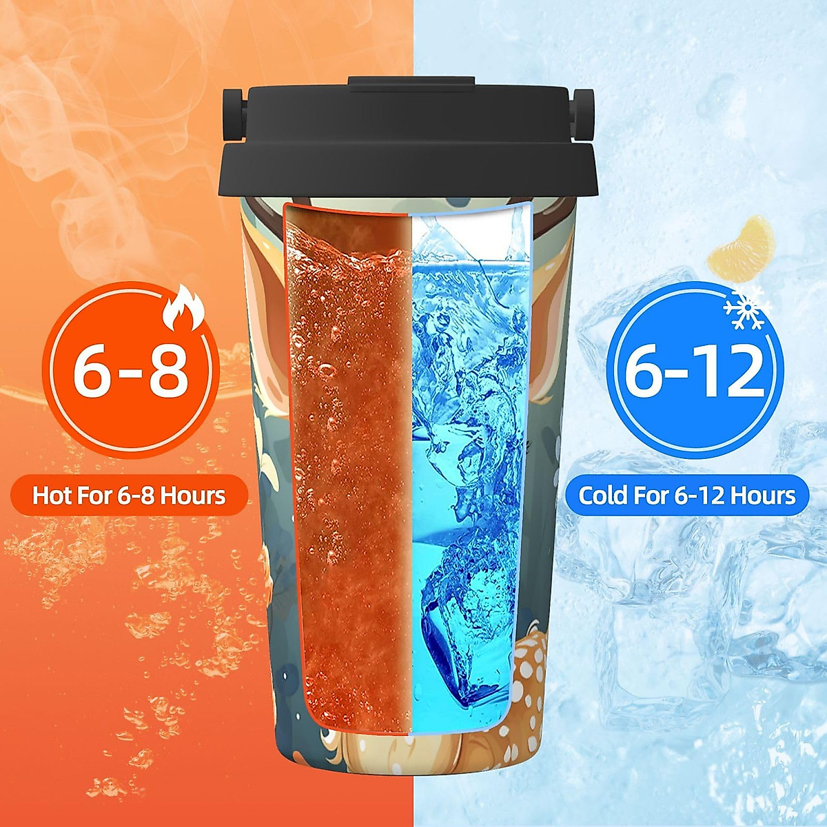 GTKSYNVE Reusable Coffee Mug with Lid and Handle, Cartoon Deer Flower Tumbler for Hot & Cold Drinks 16oz Stainless Steel Insulated Coffee Tumblers Double Wall Vacuum Thermal Cup