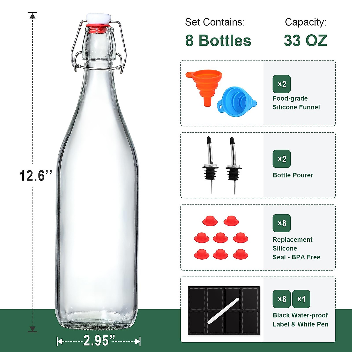 8 Pack [1 Liter / 33 fl. oz.] Swing Top Glass Bottles w/ Airtight Stopper Lids – Flip Top Brewing Bottle for Fermentation, Kombucha, Mead, Vinegar, Beer, Kefir, Wine – With 8 Extra Seals & 2 Pourers