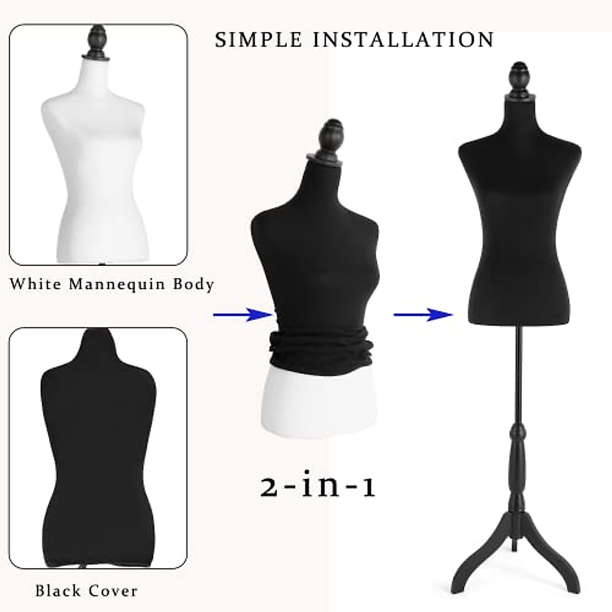 Encomle Dress Form Female Mannequin, Height Adjustable White Mannequin Body with Removable Black Torso Cover for Sewing, Display, 2-in-1