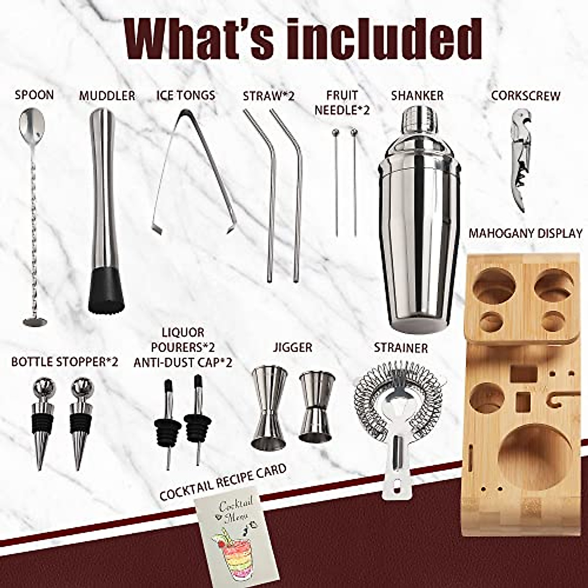 TONGTAIWQTJQ Bartender Kit Cocktail Shaker with Stylish Bamboo Stand,18-Piece Bar Tool Set with Recipes Booklet,Home Drink Mixer Set