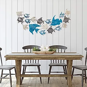MODERNIST HOME School of 18 Fish Wall Art, Crescent, Vivid Blue with Shimmery Silver, Muted Grey and Beige Paint, Iron, 5 Feet Wide (2.75 L x 59 W x 31.5 H Inches) Home Wall Decor