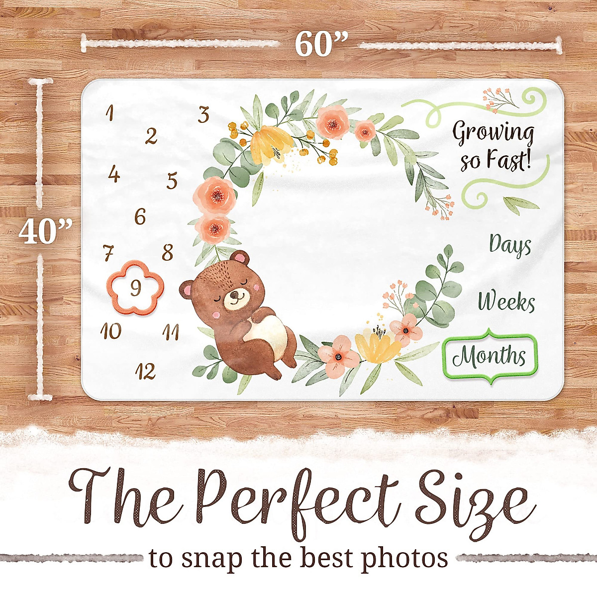 Milestone Blanket with 2 Placement Markers , Gender Neutral,Baby Monthly Milestone Blanket , Baby Growth Chart Blanket (60inx40in)