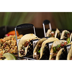 BLACKSTONE 5551 Deluxe Holder Stand Pack of 2 Stainless Steel Racks with Heat Resistant Handles-One Tray Holds 6 Tacos-Dishwasher Safe, Black/Silver