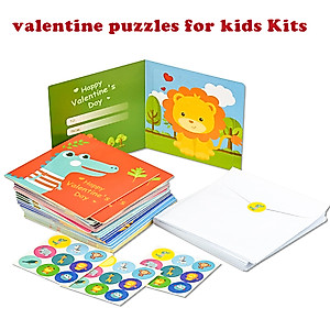 Valentines Day Puzzle Cards for Kids, 27 Pack Animal Jigsaw Puzzle Cards with Envelopes & Stickers Bulk for Classroom Gift Exchange, Valentine Party Favors for School Toddlers Girls Boys Class Prizes