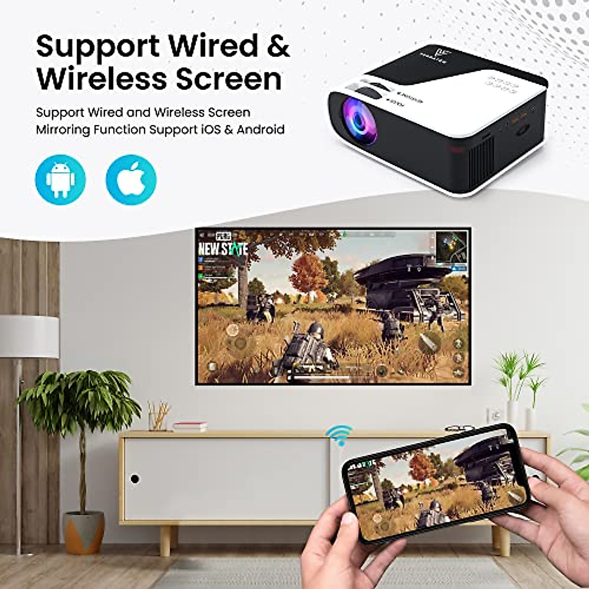 Verratek Lumavision Pro Mini Projector, Native 1080P Portable Video Projector, 250 Inch Screen Projector Screen, Home Theatre Compatible with HDMI, USB, AV, LED Portable Projector for Home/Outdoors