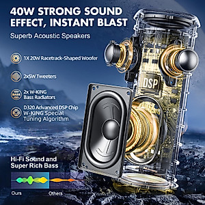 W-KING Bluetooth Speakers - IP67 Waterproof Outdoor Portable Wireless Speaker, Customized EQ APP/Deep Bass, 40W HD 360° Stereo Surround Sound with Lights/V5.3/DSP/TF/AUX, Dustproof for Shower, Camping