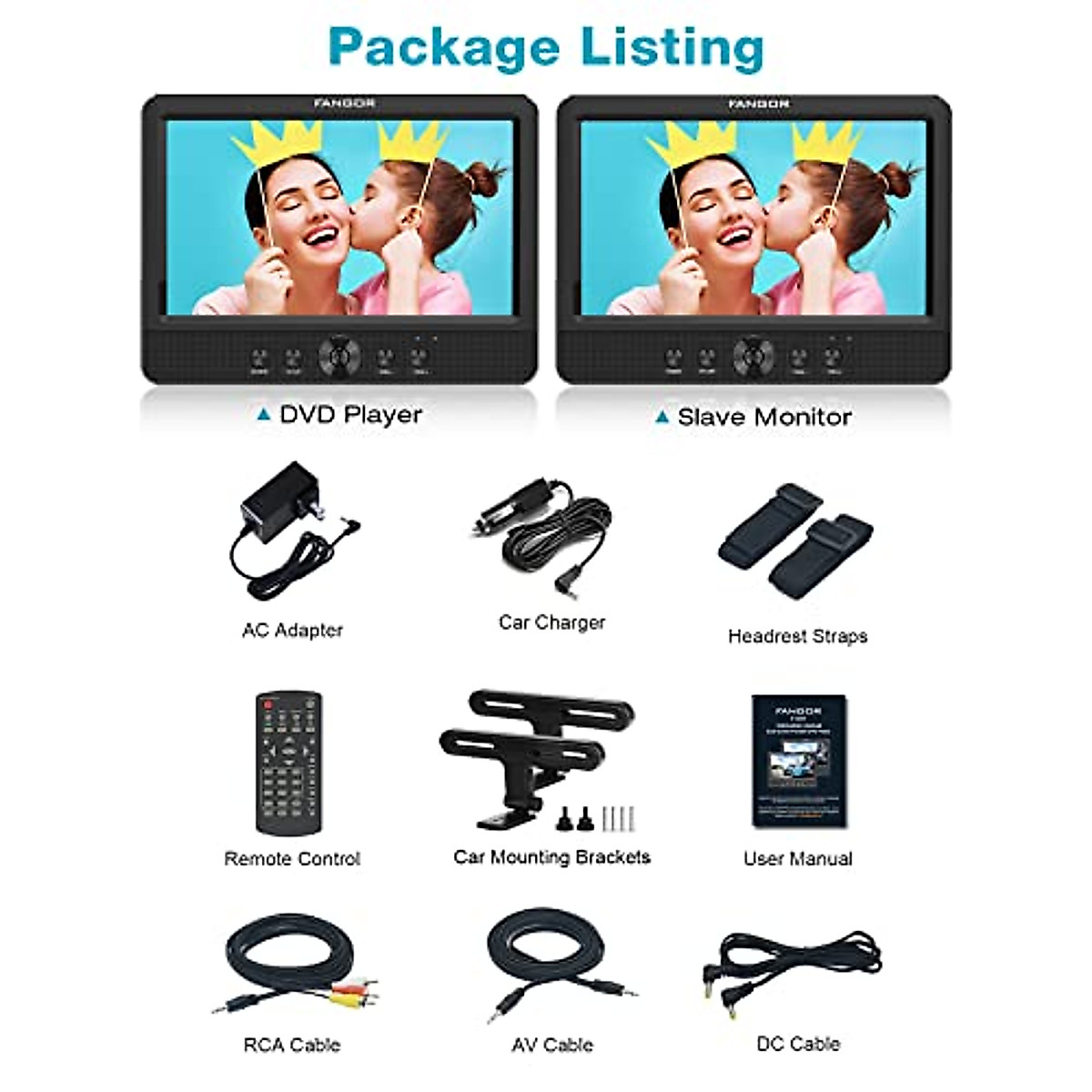 FANGOR 10.5'' Dual DVD Player for Car Portable Headrest Video Players with 2 Mounting Brackets, 5 Hours Rechargeable Battery, Last Memory, AV Out&in, Support USB/SD/Sync TV (1 Player + 1 Monitor)