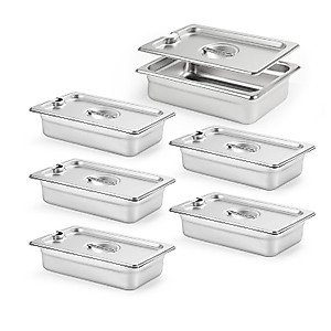 CURTA 6 Pack Anti-Jam Slotted Hotel Pans with Lids, 1/4 Size 2 1/2 Inch Deep, NSF Commercial 18/8 Stainless Steel Chafing Steam Table Food Pan with Covers