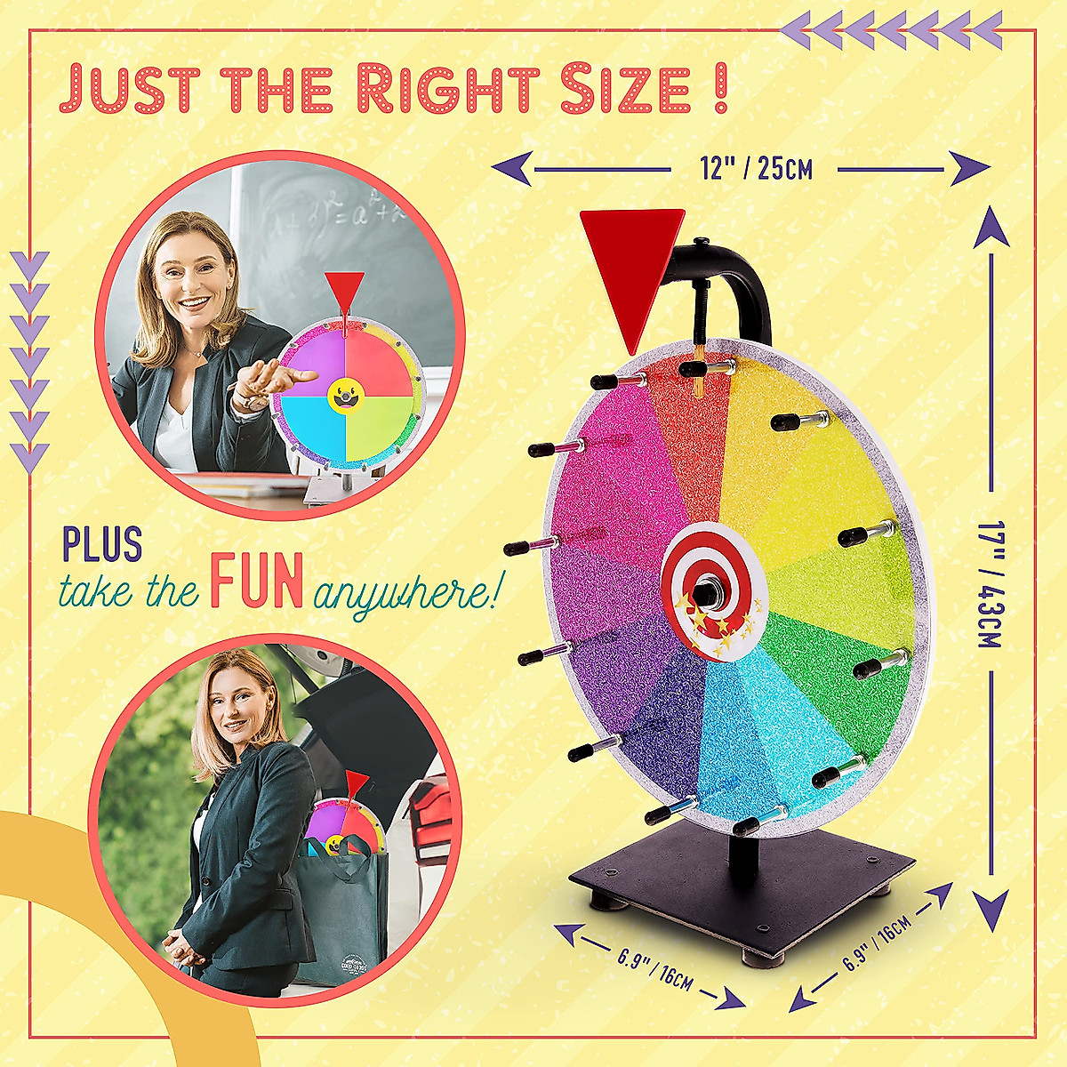 Prize Wheel Spinner Board Game - 12" Spin Wheel for Prizes with Stand, Slots 12, 6, 4 Color & White Spinning Wheels, Custom Logo Personalize Printable Self Adhesive Sheets, Dry Erase Pen, Eraser, Bag