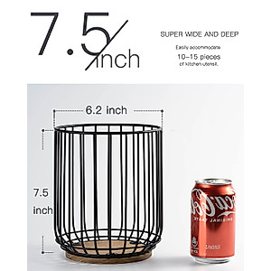 getstar Kitchen Utensil Holder, Large Wire Utensil Holder for Kitchen Counter (W6.2” x H7.5”) with Acacia Base