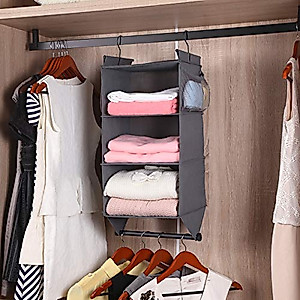 MAX Houser 3 Tier Shelf Hanging Closet Organizer with Garment Rod 2 Side Pockets, 3-Shelves Hanging Sweater Organizer (Grey)