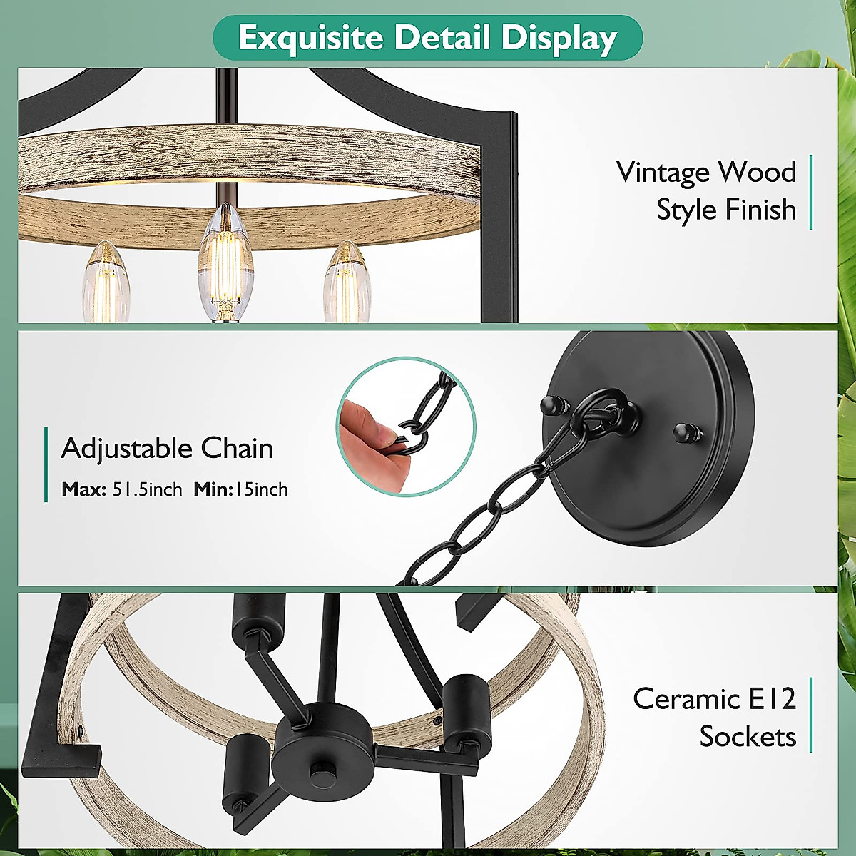 3-Light Rustic Farmhouse Pendant Hanging Light Adjustable Height Max 68in, Convertible Vintage Semi Flush Mount Ceiling Light Fixture Black Metal Chandelier White Birch Wood Finish Kitchen Dining Room