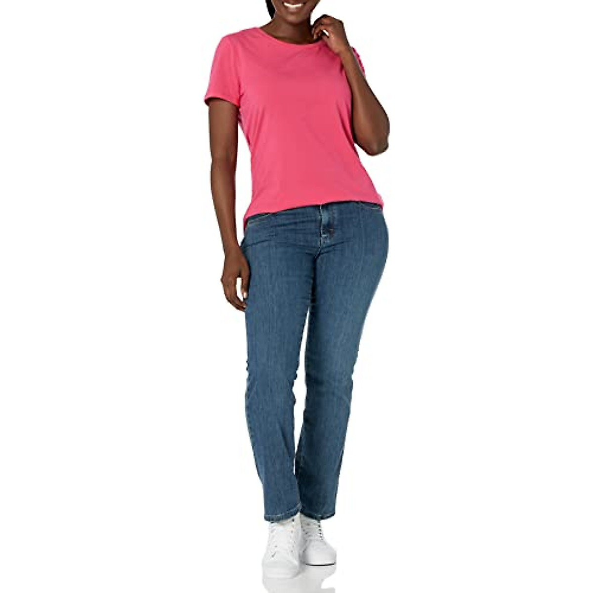 Amazon Essentials Women's Classic-Fit Short-Sleeve Crewneck T-Shirt, Pack of 2, Bright Pink/White, Large