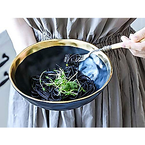 KKGUD Vintage Ceramic Cereal Bowls for Soup Cereal Rice Salad Noodles- Elegant Gold Edged Design, Black, Set of 2 (7.8 inches)