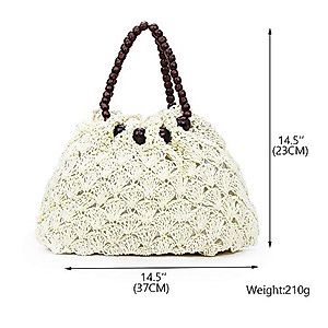 QTKJ Fashion Women Woven Straw Tote Bag Hollow Out Summer Vintage Straw Beach Bag with Beaded Handle (White)
