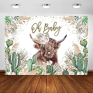 Avezano Oh Baby Backdrop Highland Cow Baby Shower Party Decorations for Boys Girls Mexican Cactus Pampas Grass Floral Baby Shower Photography Background Supplies (7x5ft)
