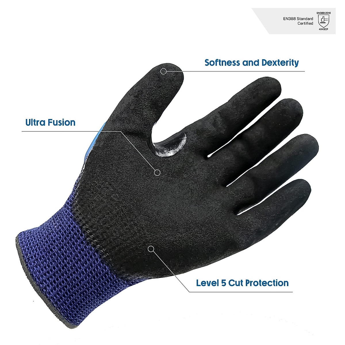 ANDANDA Level 5 Cut Resistant Work Gloves, Impact Resistant Mechanic Gloves with TPR, Nitrile Coated, Power Grip, Industrial Grade Anti Vibration Gloves for Men/Women, Black & Blue/Large/1 pair
