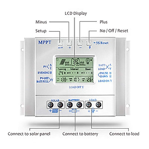 MPPT 60A Solar Charge Regulator LCD Display Solar Controller 12V 24V with Light and Timer Control Easy Settable for PV