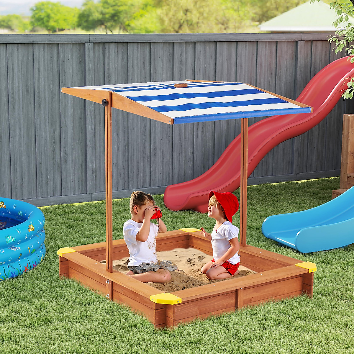 Kids Sandbox with Cover, 46.5" Wooden Sand Box w/Adjustable Canopy, Large Outdoor Cedar Sandpit for Backyard Play