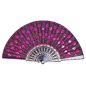 PHONME Decorative Folding Fans Peacock Pattern Folding Hand Held Fan Embroidered Sequin Party Wedding Prom Chinese Spain Hand Fan Folding Elegant Hand Fans Vintage style (Size : Navy)