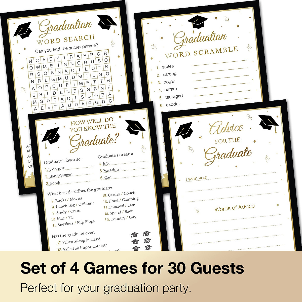 Papery Pop 2024 Graduation Party Games - Set of 4 Games for 30 Guests - Double Sided Cards - Graduation Party Supplies