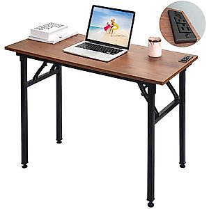 Frylr Small Foldable Desk 43.3''X 19.6''X 29.5'',Foldable Table with 2 Power Sockets and 2.1A USB Charging Ports, Folding Computer Desk for Home Office, No Install Needed, Walnut + Black Leg