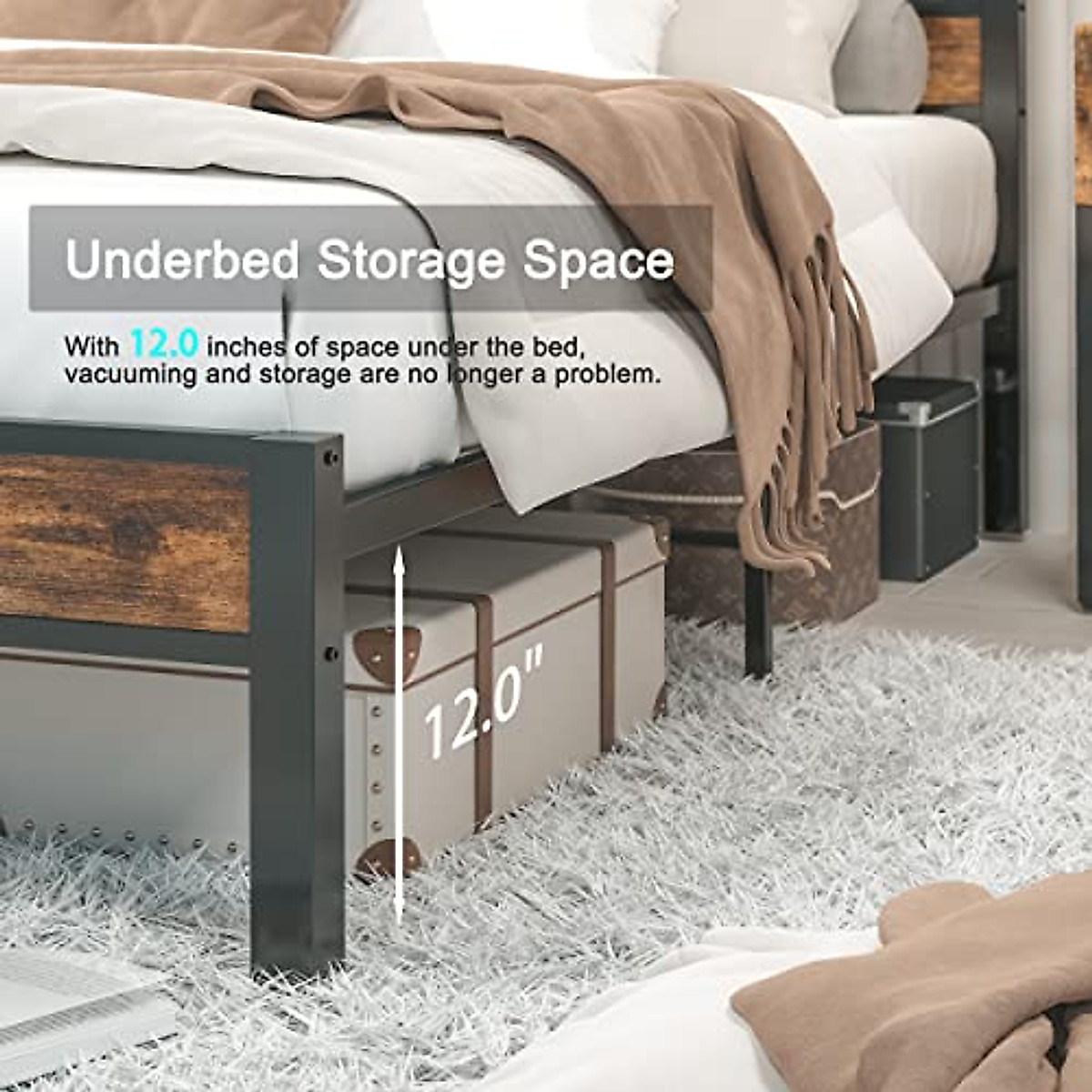 LIKIMIO California King Bed Frames, Easy Assembly, Noise-Free, No Box Spring Needed, Heavy Strong Metal Support Frames, Cal King/Vintage Brown