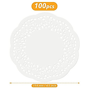 DEFUTAY 100 Pack Round Paper Doilies,White Lace Placemats for Cakes,Fried Food,Grilled,Baked Treats（4.5 In）
