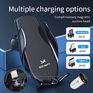 MEIMFY Wireless Car Charger Mount,Auto Clamping Air Vent Phone Holder for Car,New Upgraded Model,15W Qi Fast Charging/Magnetic DC Charging for All Mobile Phones,iPhone,Samsung,Pixel
