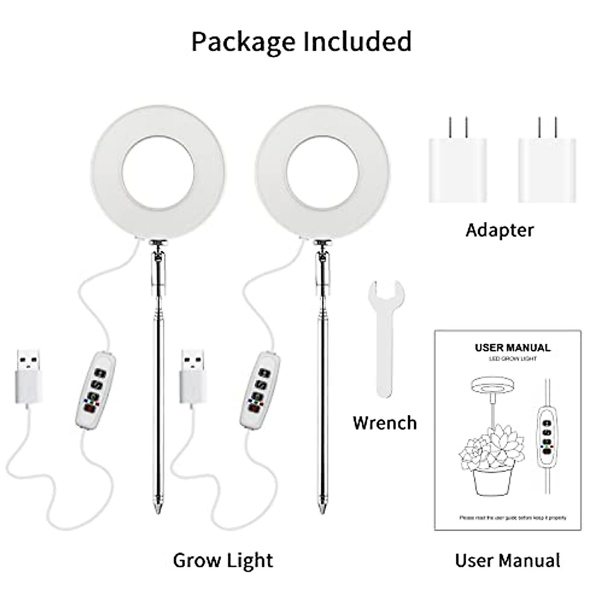 Grow Light, 2pcs Plant Light for Indoor Plants, LED Full Spectrum Plant Growing Light with Red/Blue/Purple & Yellow/White/Warm White, Height Adjustable, Auto On/Off Timer 3/9/12h, 10 Dimmable Levels