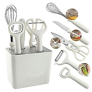 COMUSTER Kitchen Gadgets Set,Kitchen Scissors, Kitchen Utensils Set with Holder, Paring Knife,Whisk,Bottle Opener,Peeler- Home Kitchen Gadgets(White 6 Pieces set)
