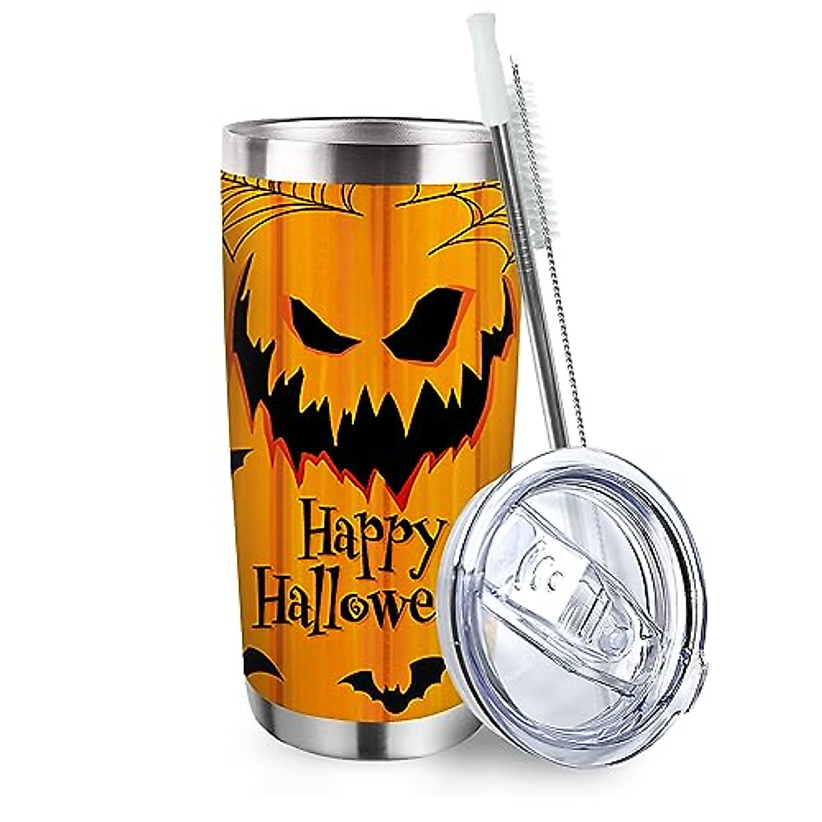 Zzkol Happy Halloween Jack O Lantern Tumbler with Lid and Straw, Pumpkin Bat Spider Web Stainless Steel Travel Coffee Cup, 20oz Funny Fall Autumn Double Wall Vacuum Insulated Mug Halloween Gifts