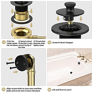 Sogmeter Matte Black Bathtub Drain, Hair Catcher and 2-Hole Overflow Faceplate, 11.5/16 UNC, Lift and Turn Bathtub Drain Replacement, Tub Drain Stopper