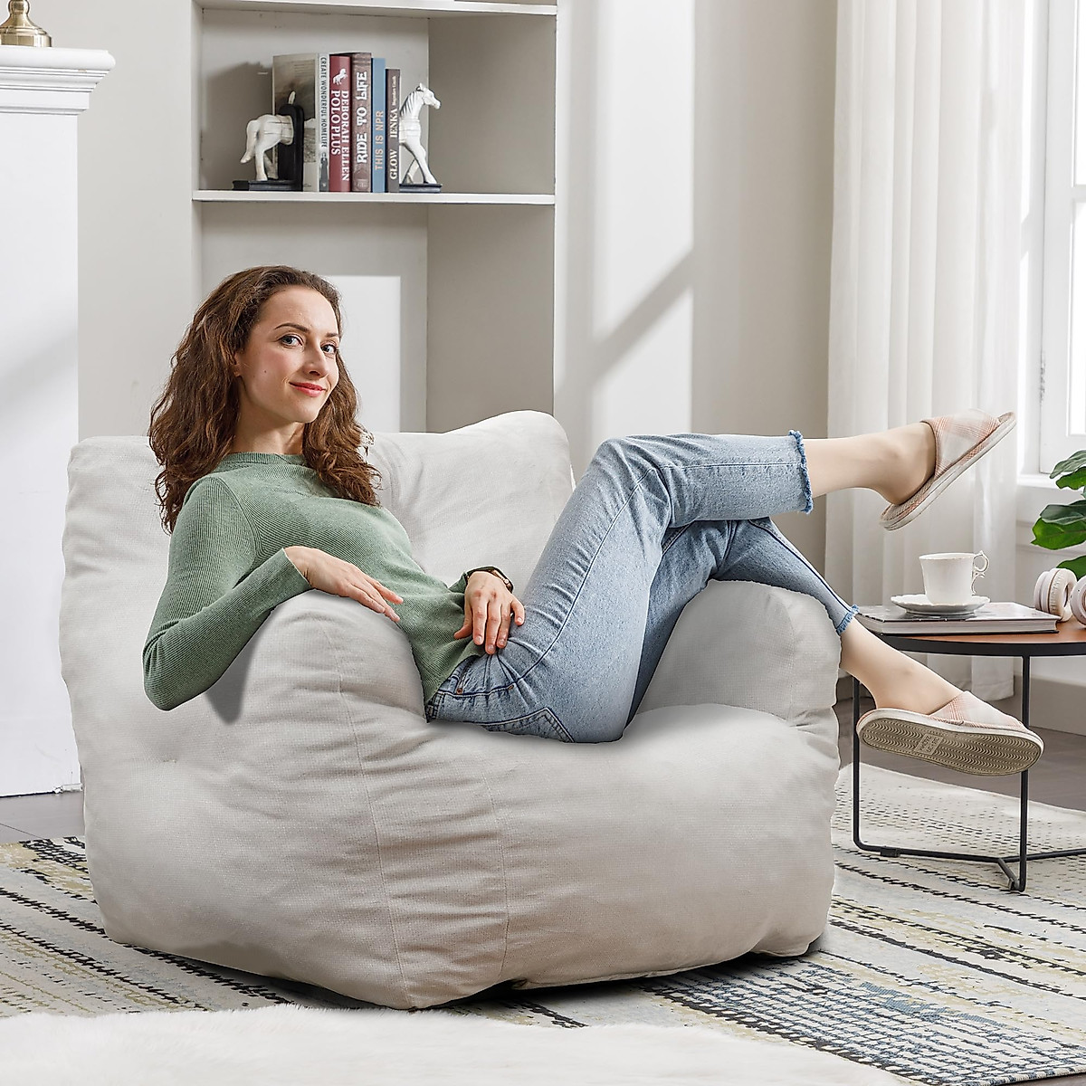 Recaceik Bean Bag Chairs, Soft Cotton Linen Bean Bag Chair with Filler, Fluffy Lazy Sofa, Comfy Cozy BeanBag Chair with Memory Foam for Small Spaces, Bedroom, Living Room, Dorm,Ivory