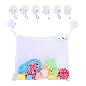 Bath Toy Organizer Set - 2 Extra Large Mesh Bags - 6 Extra Strong Grip Lock Suction Cup Hooks (White) - Easy Storage of Bath Toys and Other Bathroom Items - Mesh Bags Allow Content to Dry