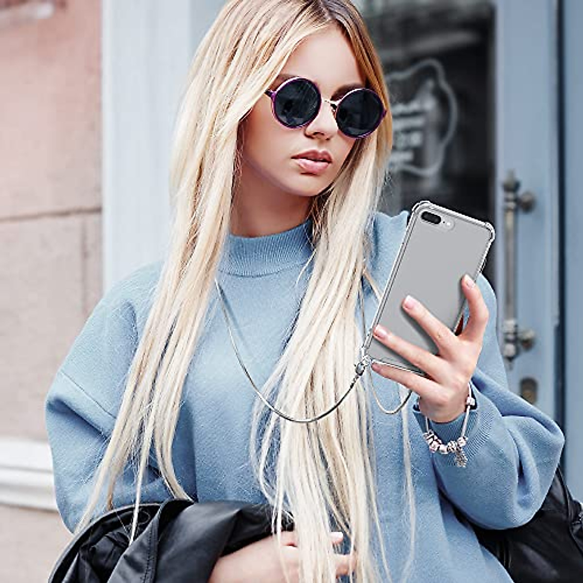 kwmobile Case Compatible with Apple iPhone 7 Plus/iPhone 8 Plus - Crossbody Case Clear Transparent TPU Phone Cover with Metal Chain Strap - Transparent/Silver