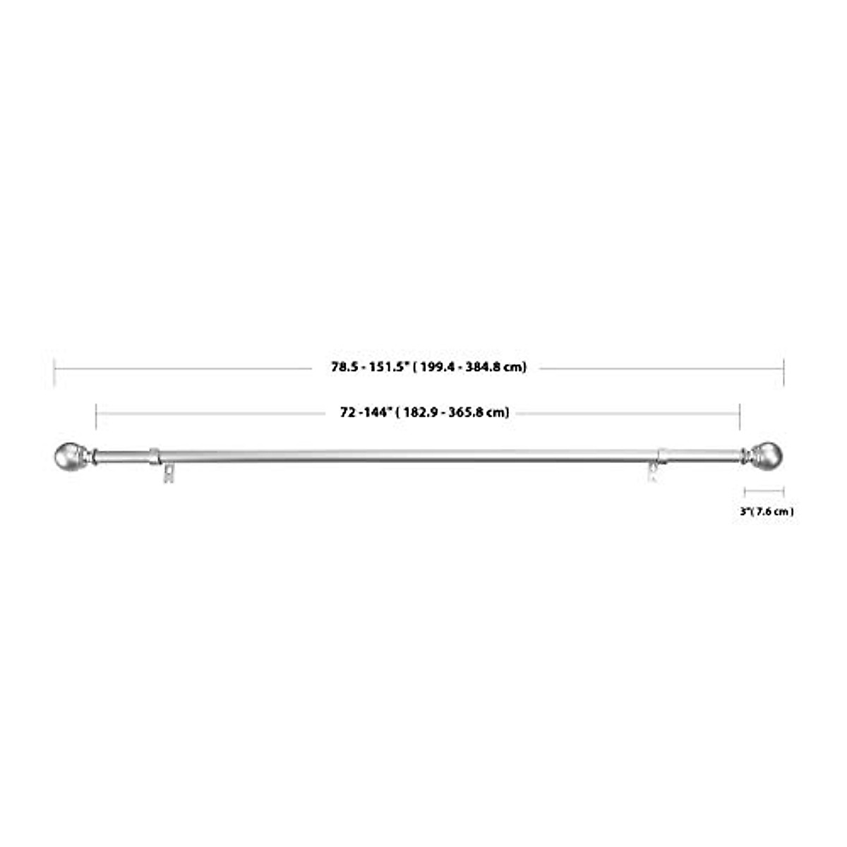 Amazon Basics 1-Inch Curtain Rod with Round Finials - 1-Pack, 72 to 144 Inch, Nickel & Adjustable Curtain Rod Wall Bracket Hooks, Set of 2, Silver Nickel