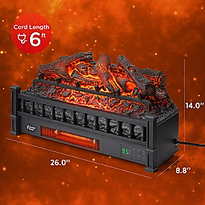 TURBRO Eternal Flame 26-Inch Infrared Quartz Electric Fireplace Log Heater, Realistic Lemonwood Logs, Adjustable Flame Colors, Remote Control, Thermostat, Timer, EF26-LG, 1500W